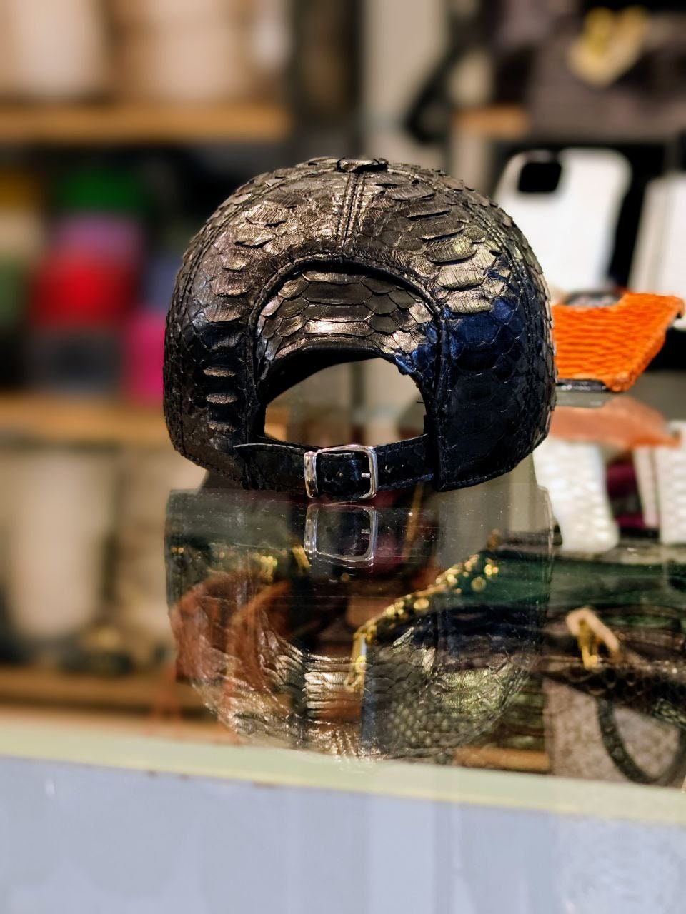 Luxurious Italian Black Python Baseball Cap, Dragon Pattern Snakeskin ...