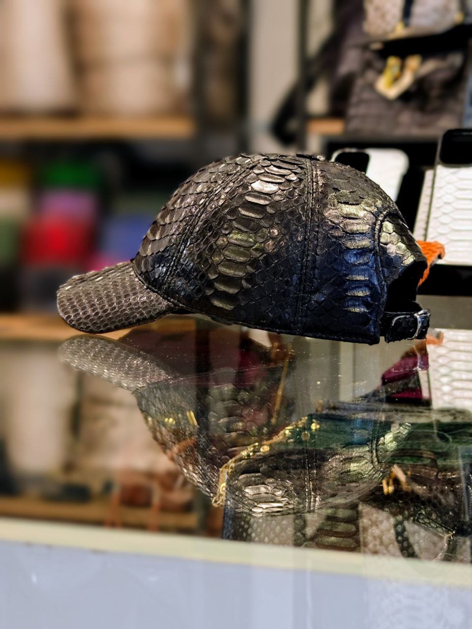 Luxurious Italian Black Python Baseball Cap, Dragon Pattern Snakeskin ...