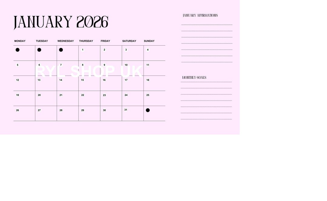 2026 NEW YEAR Printable PINK Calendar With Affirmations/digital Wall ...