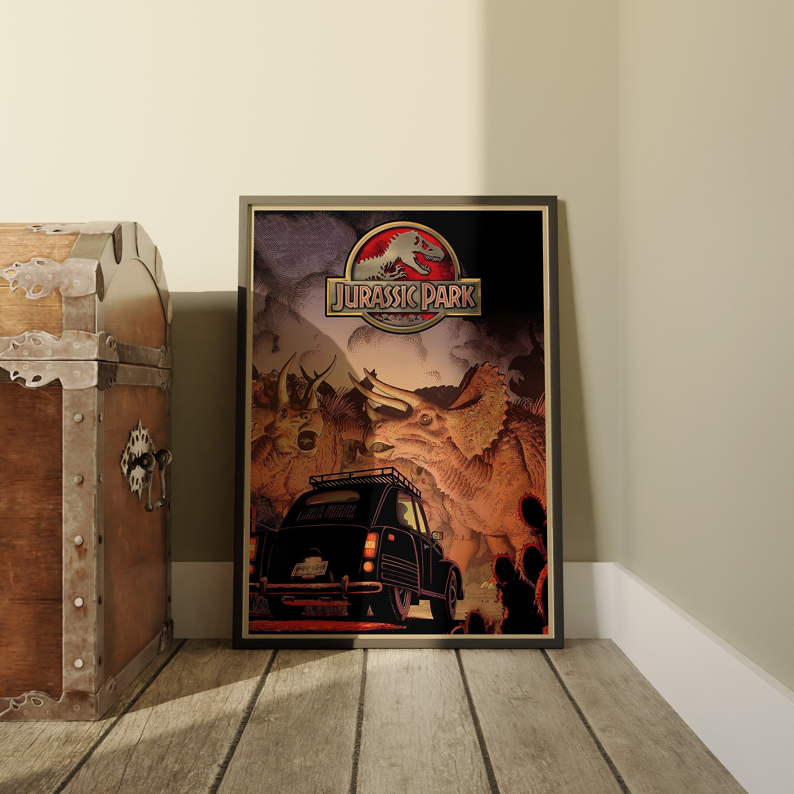 Jurassic Park Poster, Dinosaur Wall Art, Kraft Paper Print, Cult Film ...