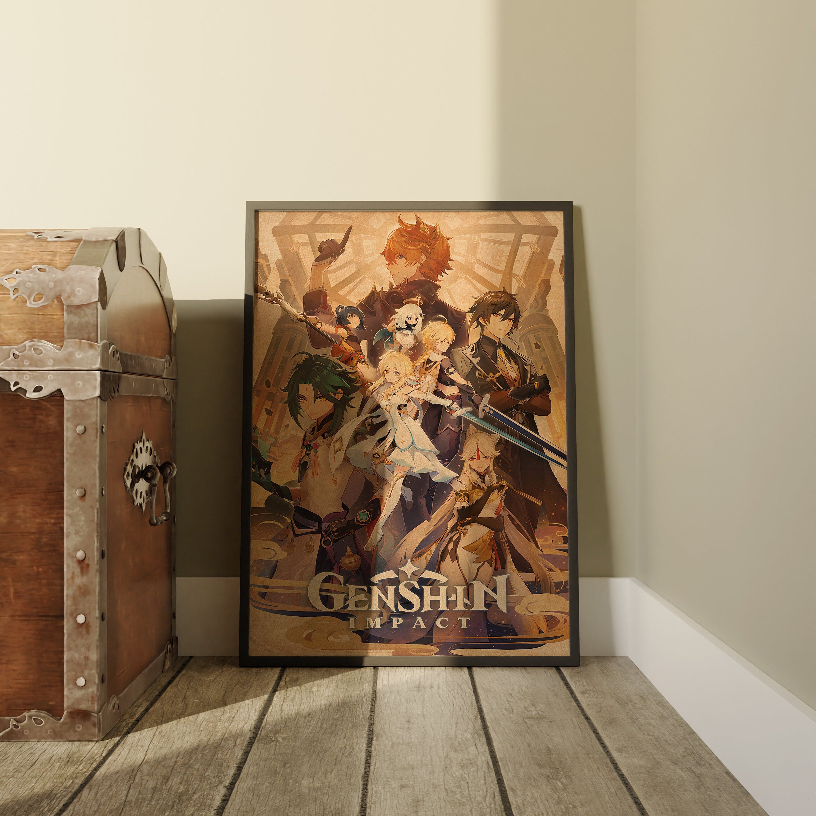 Genshin Impact Vintage Poster, Epic Fantasy Game Wall Art, Handcrafted ...