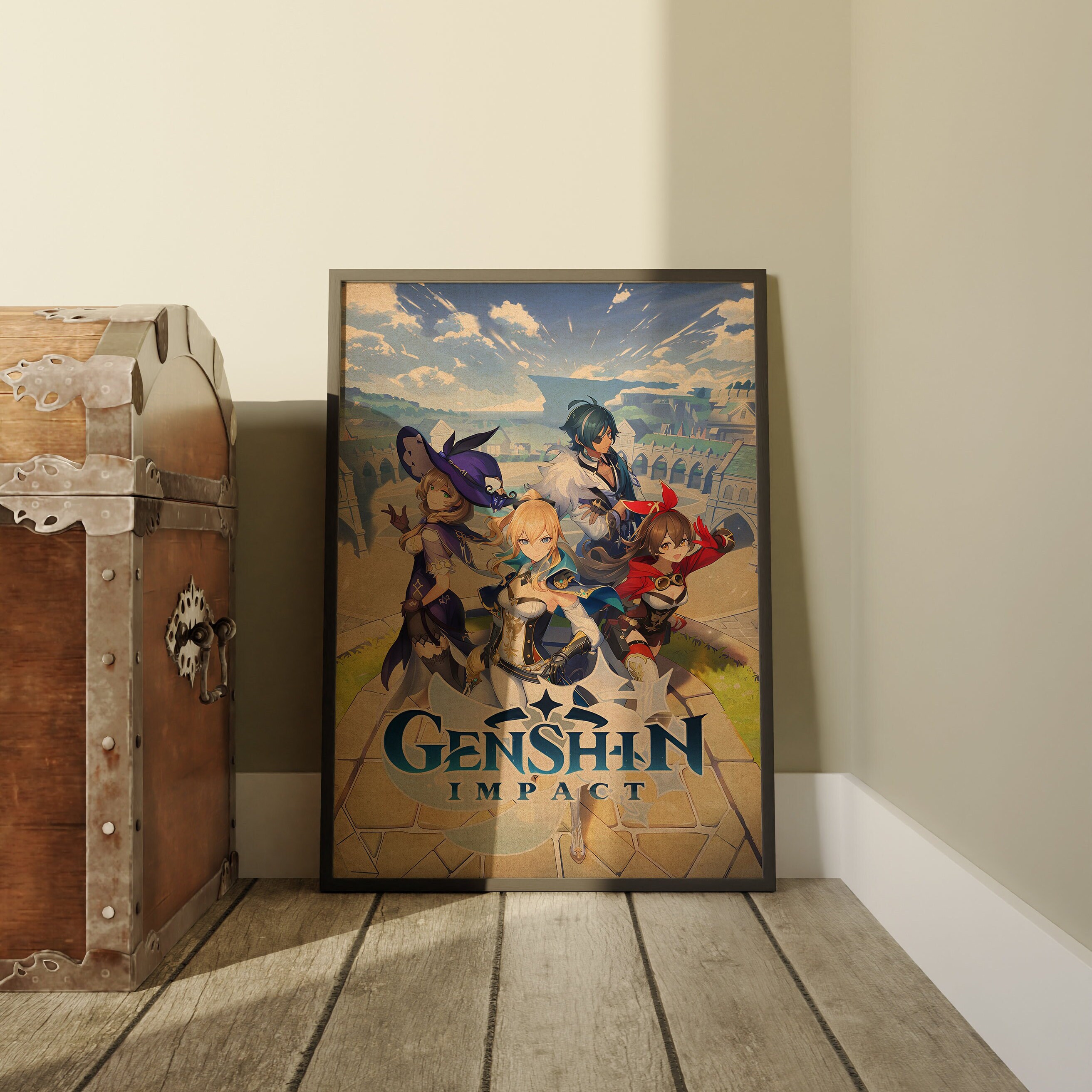 Genshin Impact Vintage Poster, Epic Fantasy Game Wall Art, Handcrafted ...