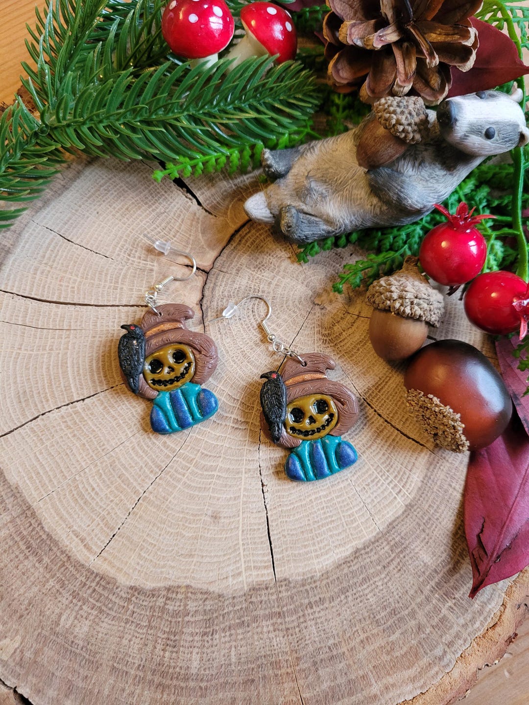 Scarecrow With a Crow on the Straw Hat Earrings, Halloween Earrings ...