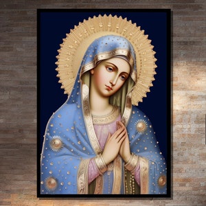 Virgin Mary Icon Painting Wall Art - Elegant Blue and Gold Religious ...