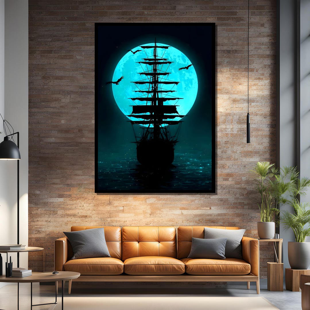 Mystical Pirate Ship Under Full Moon Framed or Unframed Canvas Art ...