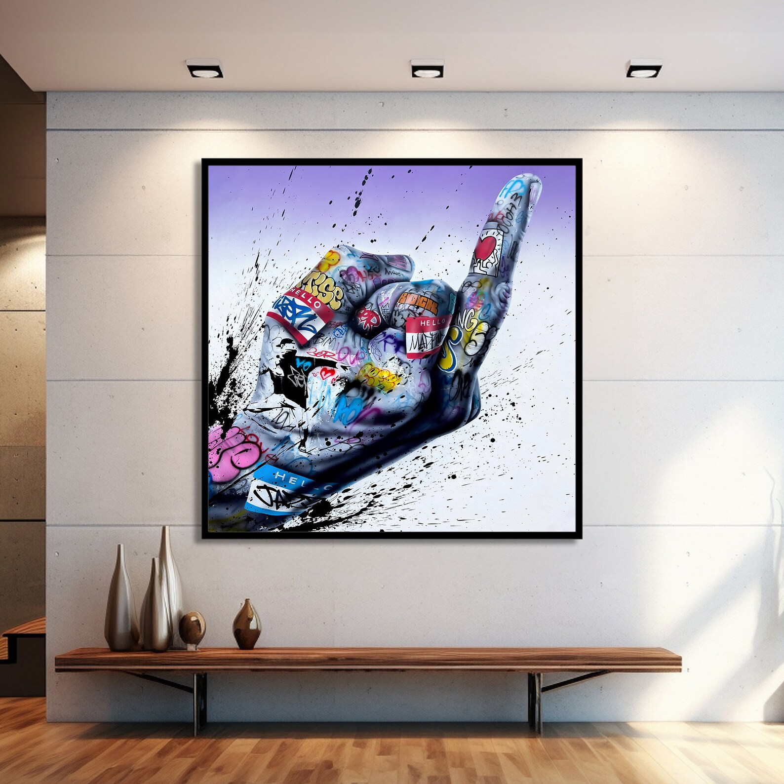 Rock on Hand Sign Graffiti Bold Urban Street Art, Vibrant Modern Decor ...