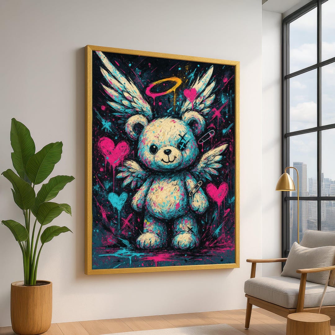 Angelic Teddy Bear Canvas Wall Art, Urban Graffiti Style, Wings and ...