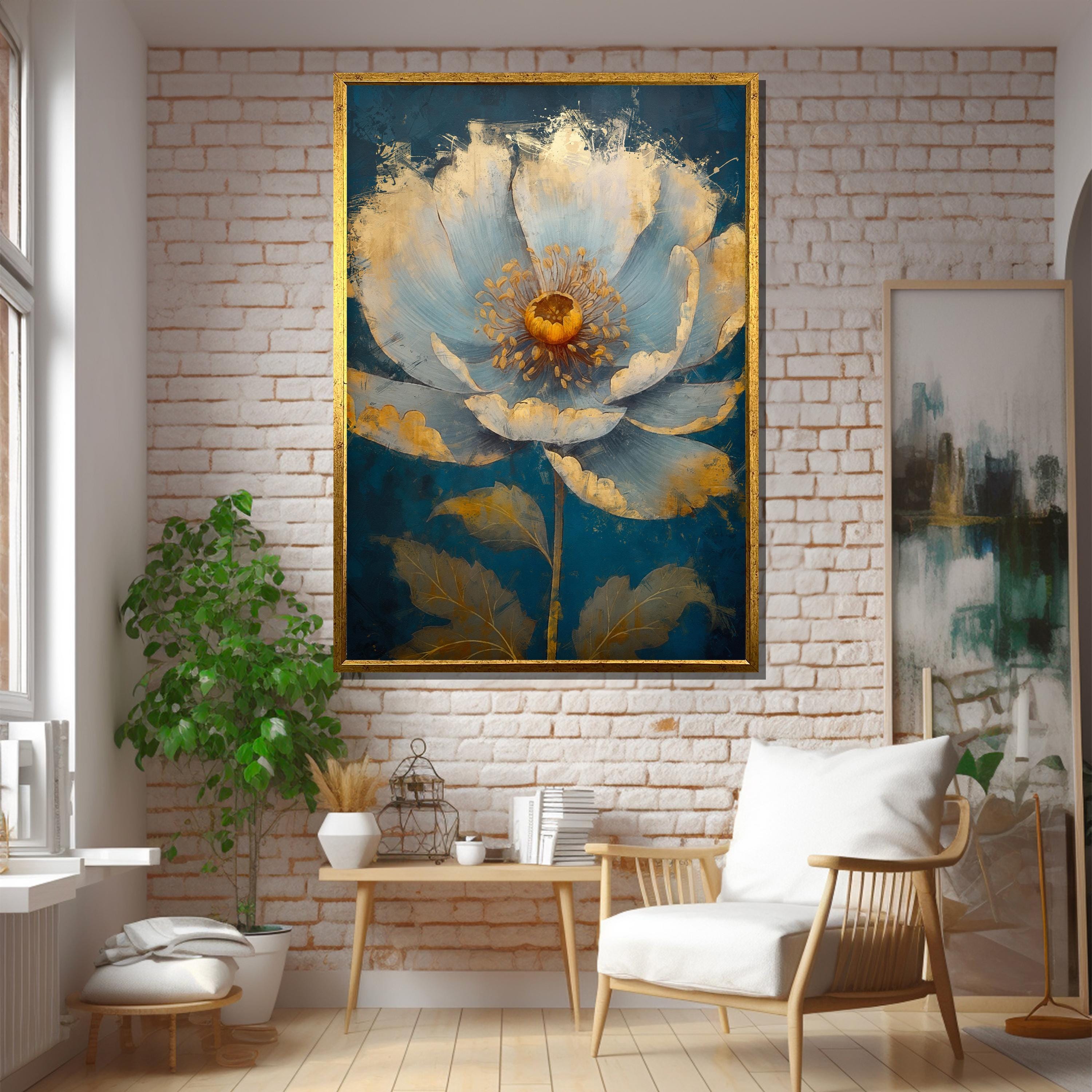 Elegant Blue and Gold Floral Canvas Poster Wall Art - Large Abstract ...
