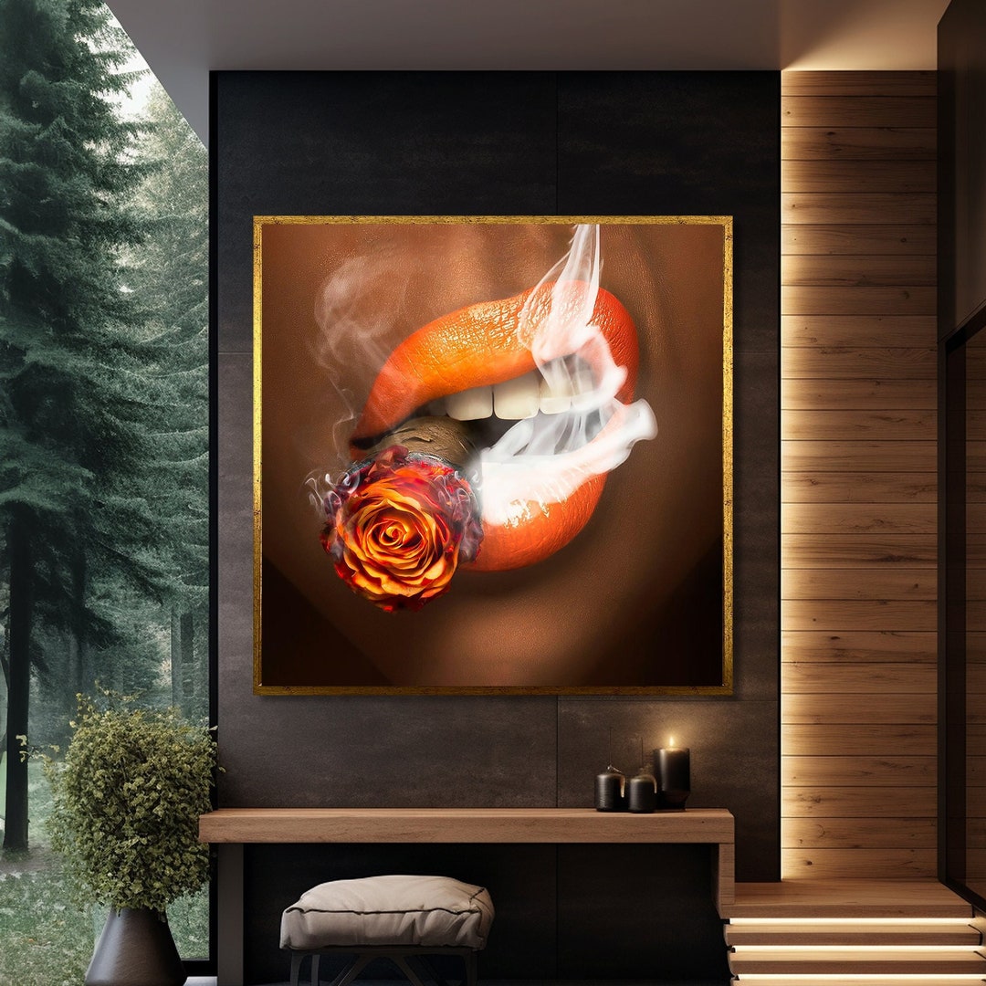 Fiery Lips Painting With Burning Cigar Rose Canvas Print Bold Canvas ...
