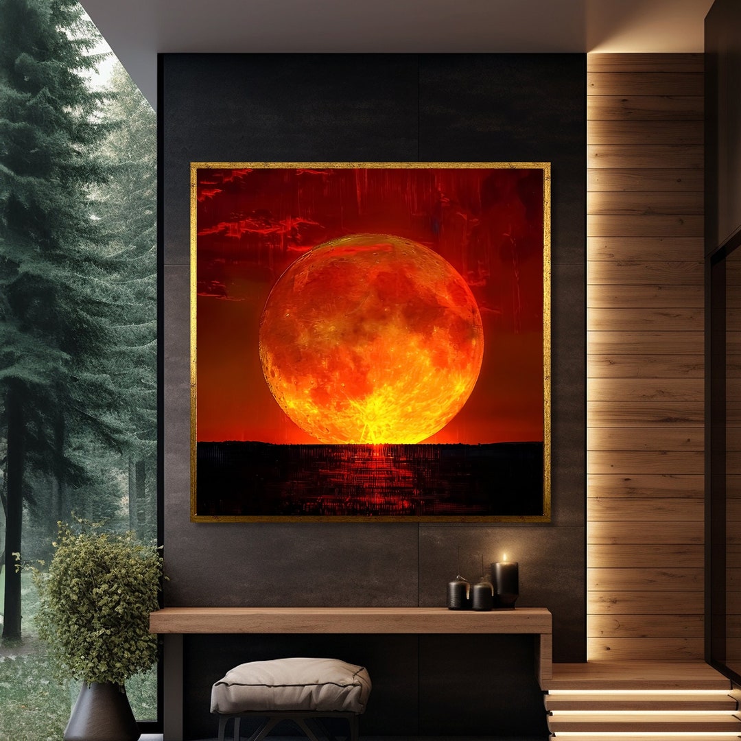 Stunning Red Moon Canvas Painting Art - Enchanting Celestial Wall Decor ...