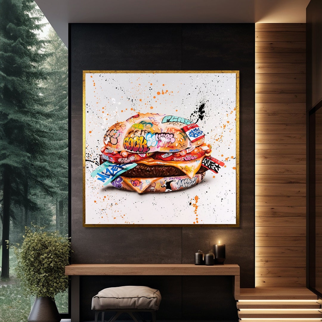 Graffiti Style Burger Canvas Painting - Vibrant Street Art Fast Food ...