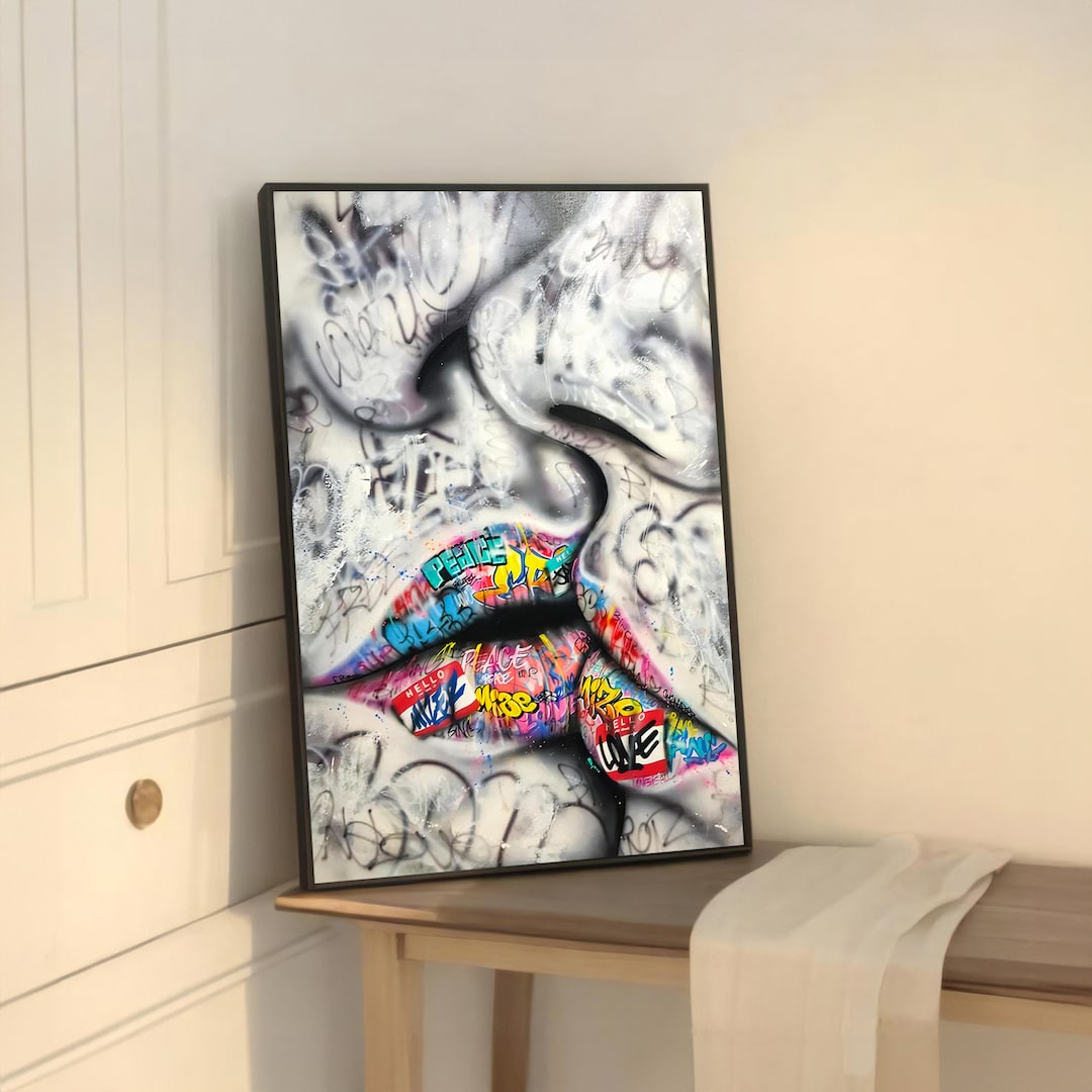 Graffiti Kissing Lips Canvas Art, Romantic Street Art Print, Urban Love ...