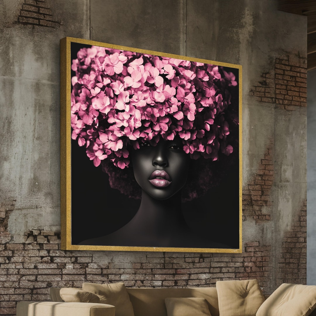 Elegant Woman Portrait Canvas, Pink Floral Hair Design, Modern Face Art ...