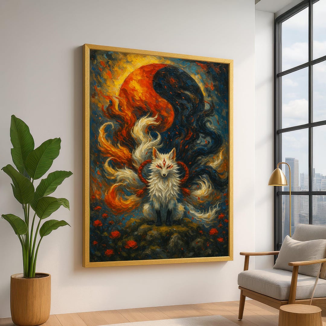 Mystical White Fox Canvas, Yin Yang Symbol Wall Art, Fantasy Animal ...