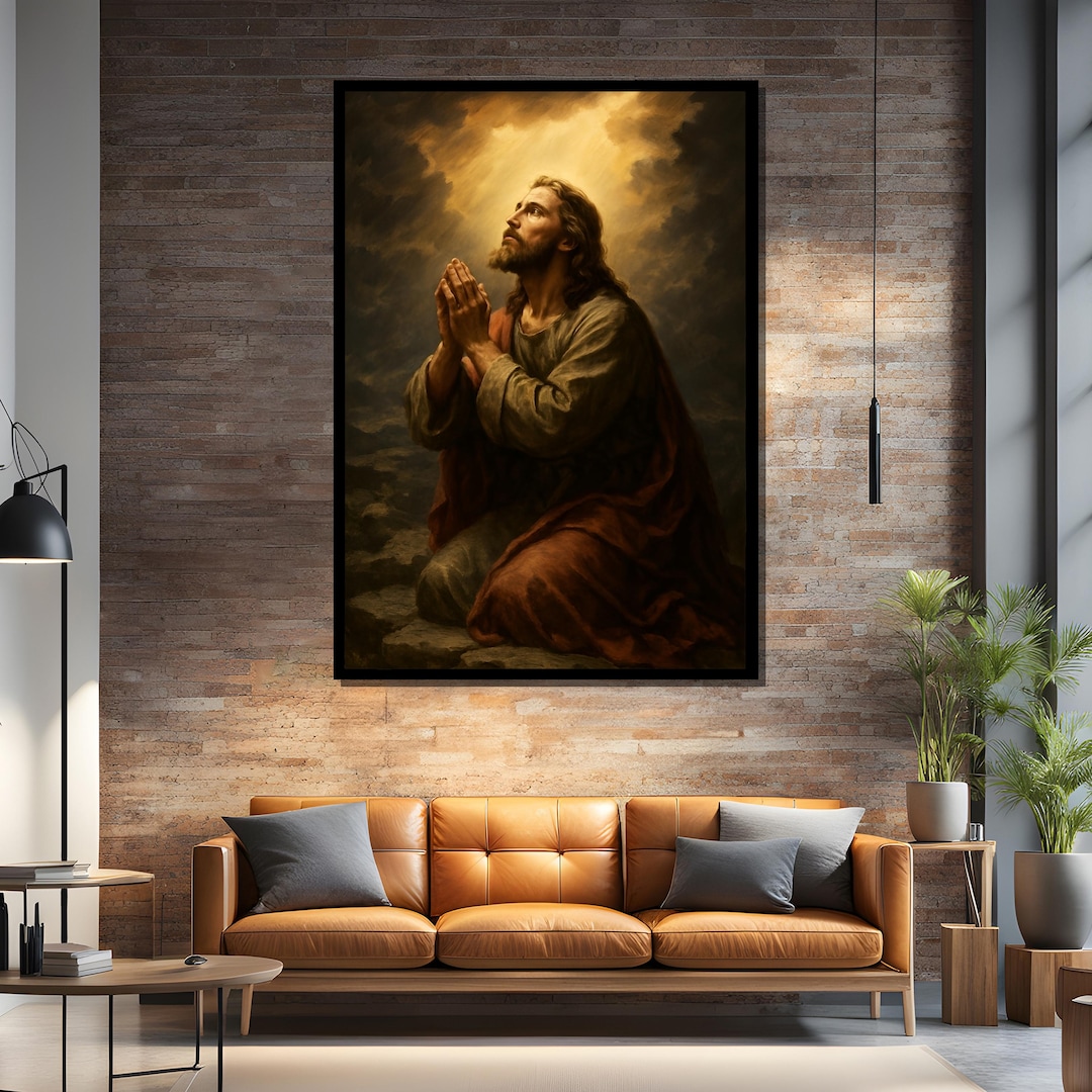 Jesus Christ Praying Under Divine Light – Framed Canvas Art Print for ...