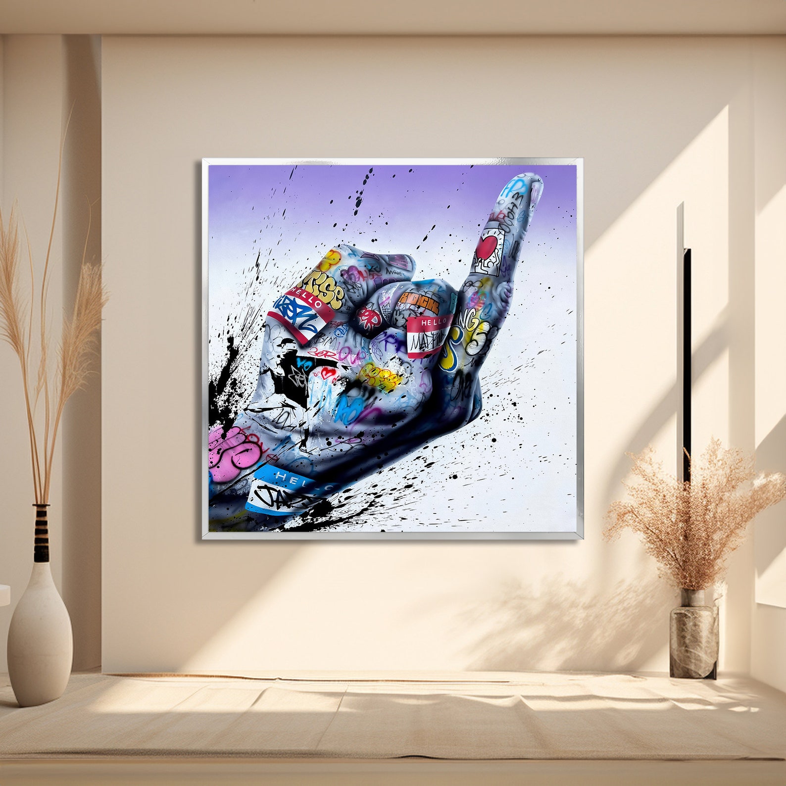 Rock on Hand Sign Graffiti Bold Urban Street Art, Vibrant Modern Decor ...