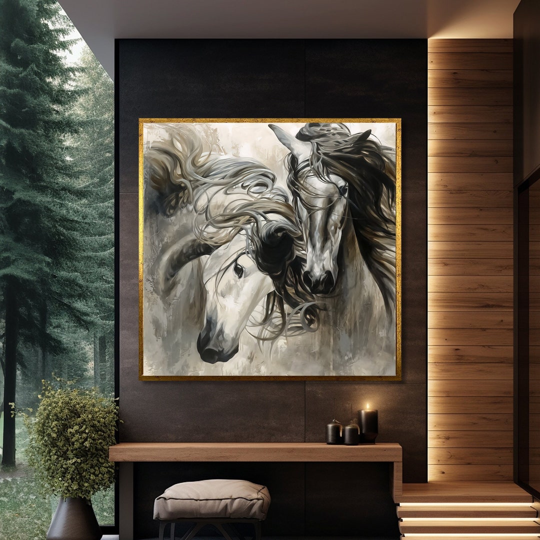 Majestic Horse Duo Canvas Painting Art - Elegant Black and White Horse ...