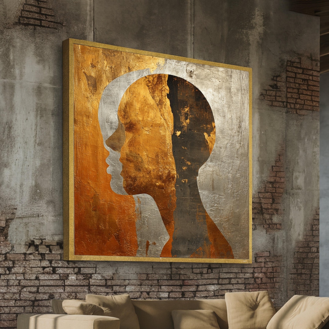 Abstract Dual Profile Faces Canvas, Modern Wall Art, Metallic Gold ...