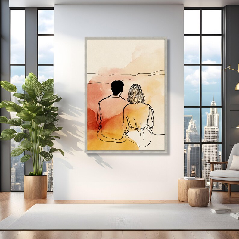 Romantic Couple Silhouette Canvas, Abstract Watercolor Art, Modern Line ...