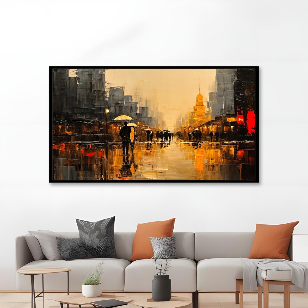 Abstract Cityscape Canvas Painting Wall Art – Rainy Street Scene With ...
