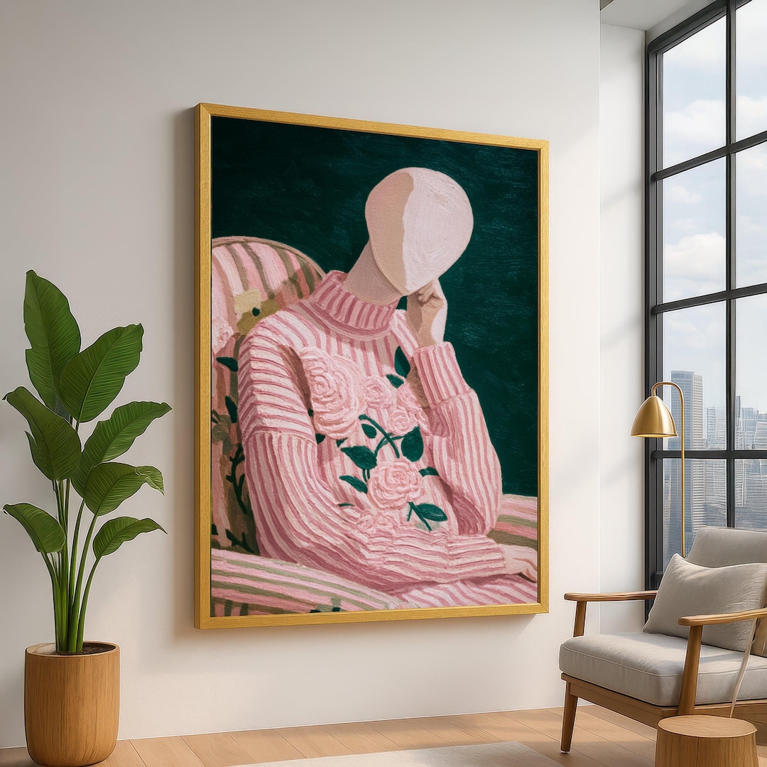Abstract Faceless Figure Painting, Pink Floral Sweater Canvas, Modern ...