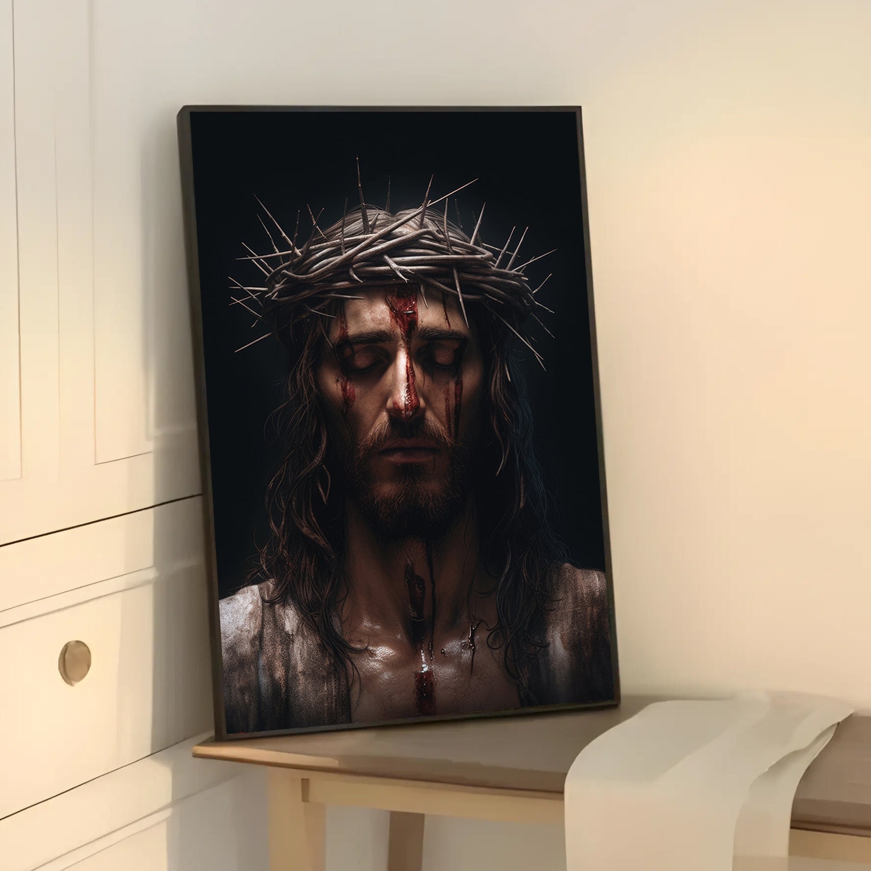 Emotional Jesus Christ Canvas Painting Art - Crown of Thorns With Blood ...