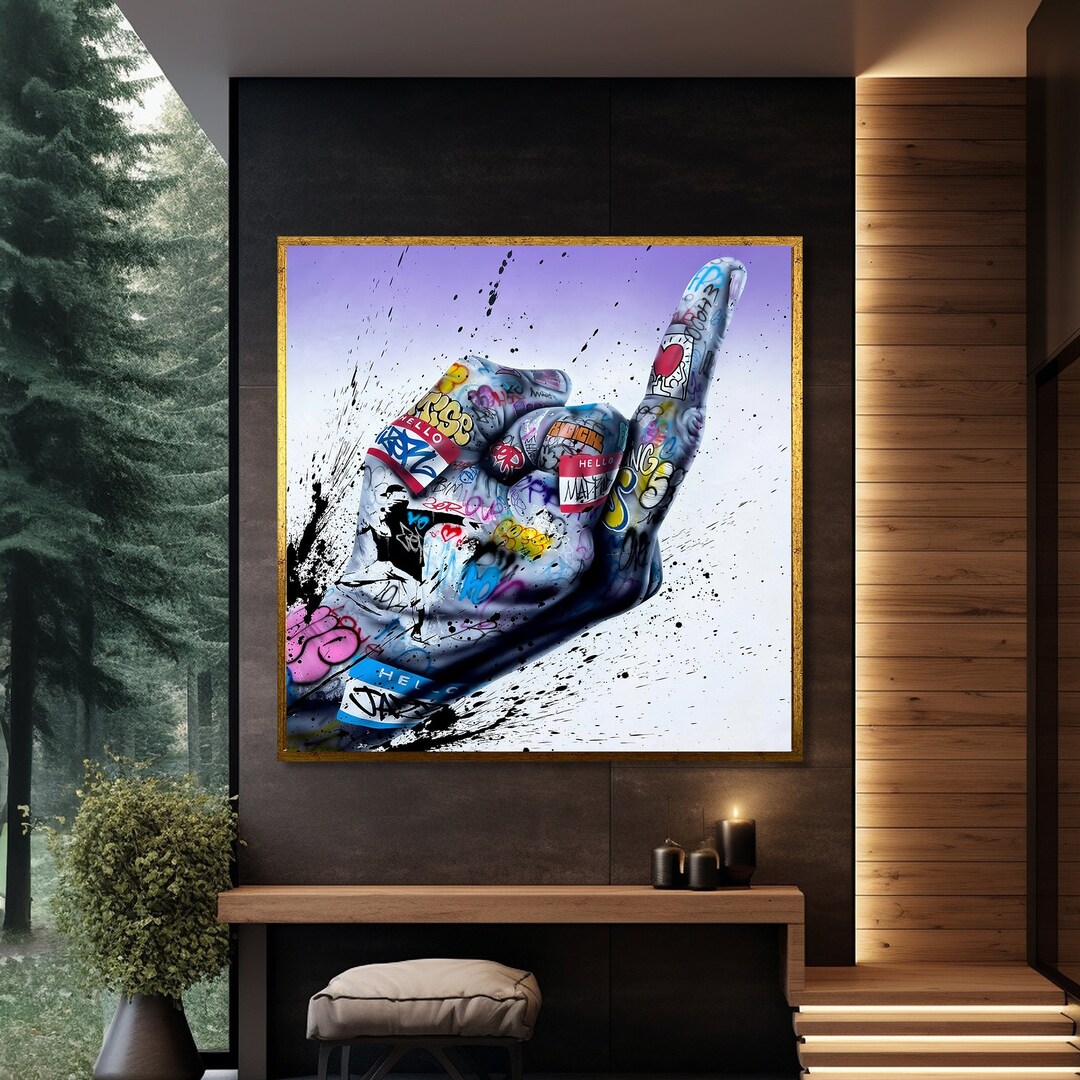 Rock on Hand Sign Graffiti Painting - Bold Urban Street Art, Vibrant ...