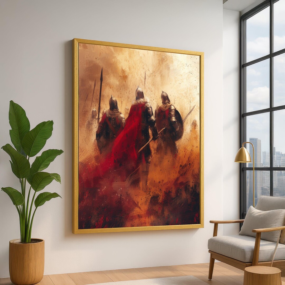 Medieval Knights in Battle Scene Canvas, Red Cloak Armor Wall Art ...