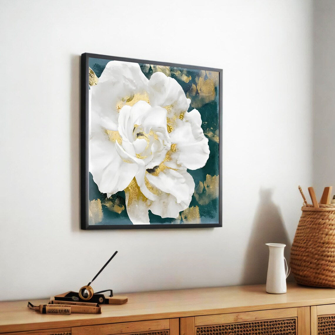 Elegant White Flower With Gold Accents Modern Floral Art for Home and ...