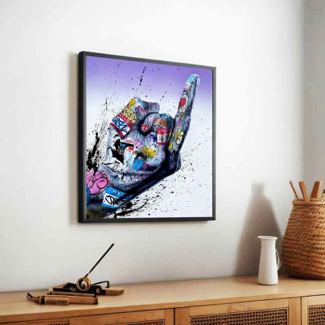 Rock on Hand Sign Graffiti Bold Urban Street Art, Vibrant Modern Decor ...
