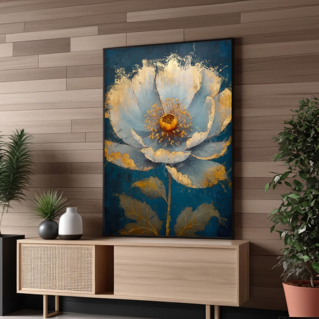Elegant Blue and Gold Floral Canvas Poster Wall Art - Large Abstract ...