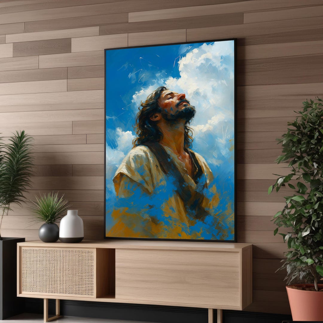 Sacred Skyward Gaze Painting – Spiritual Jesus Canvas Wall Art for ...