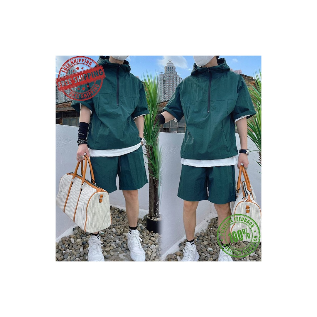 Men's Summer Cargo Style Set Casual Hooded T-shirt & Shorts Loose Fit ...