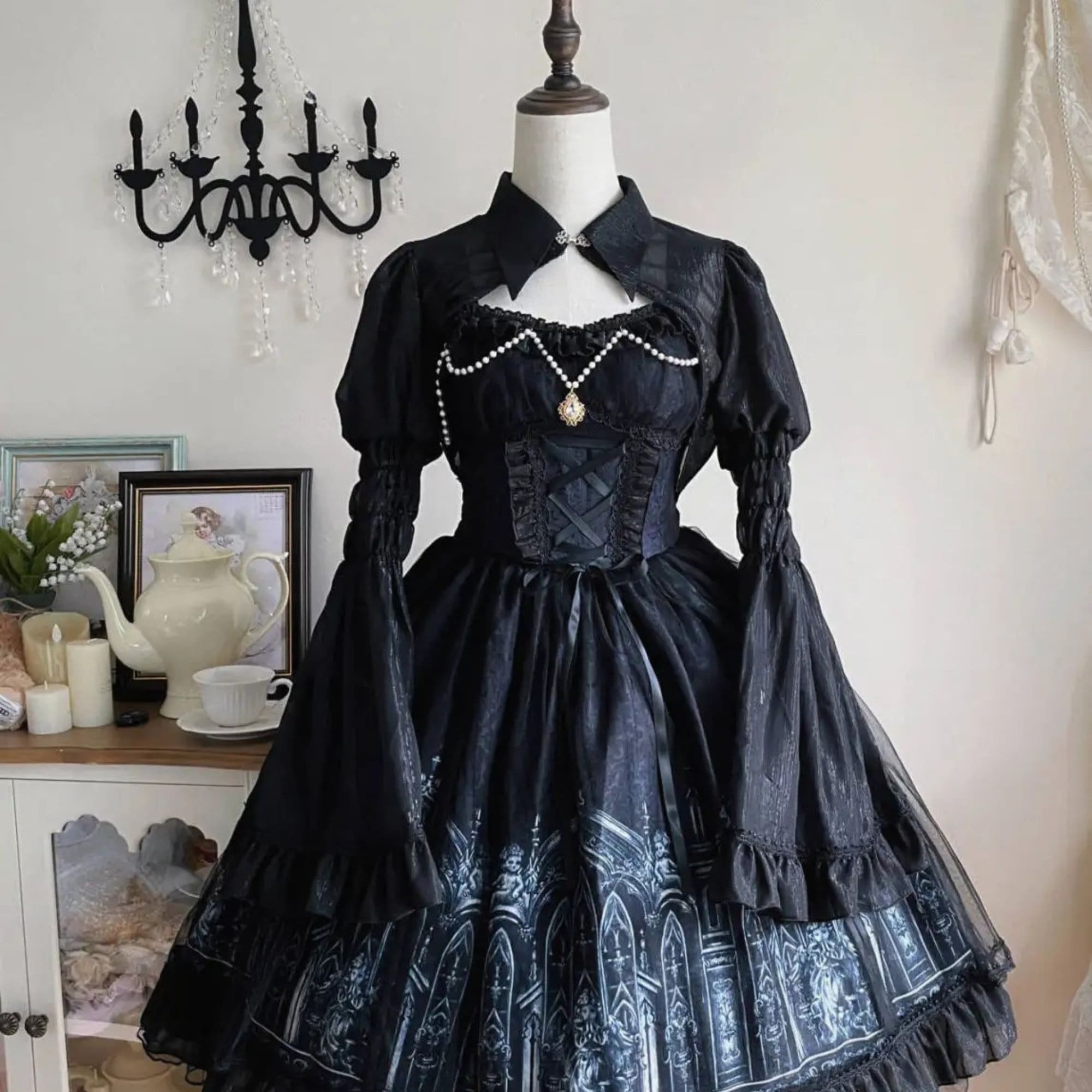 Goth Lolita Dress Princess Lolita JSK Black Gothic Coat With Flare Sleeves Halloween Cosplay ...