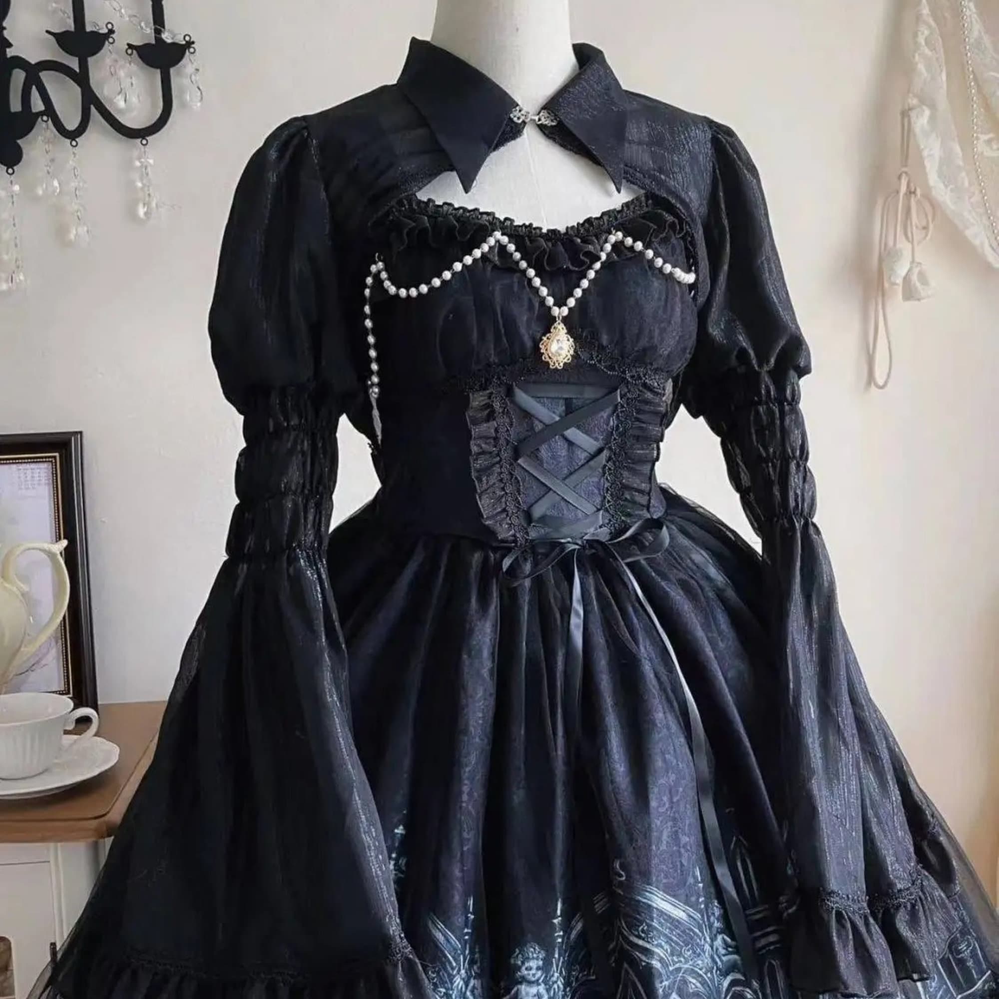 Goth Lolita Dress Princess Lolita JSK Black Gothic Coat With Flare Sleeves Halloween Cosplay ...