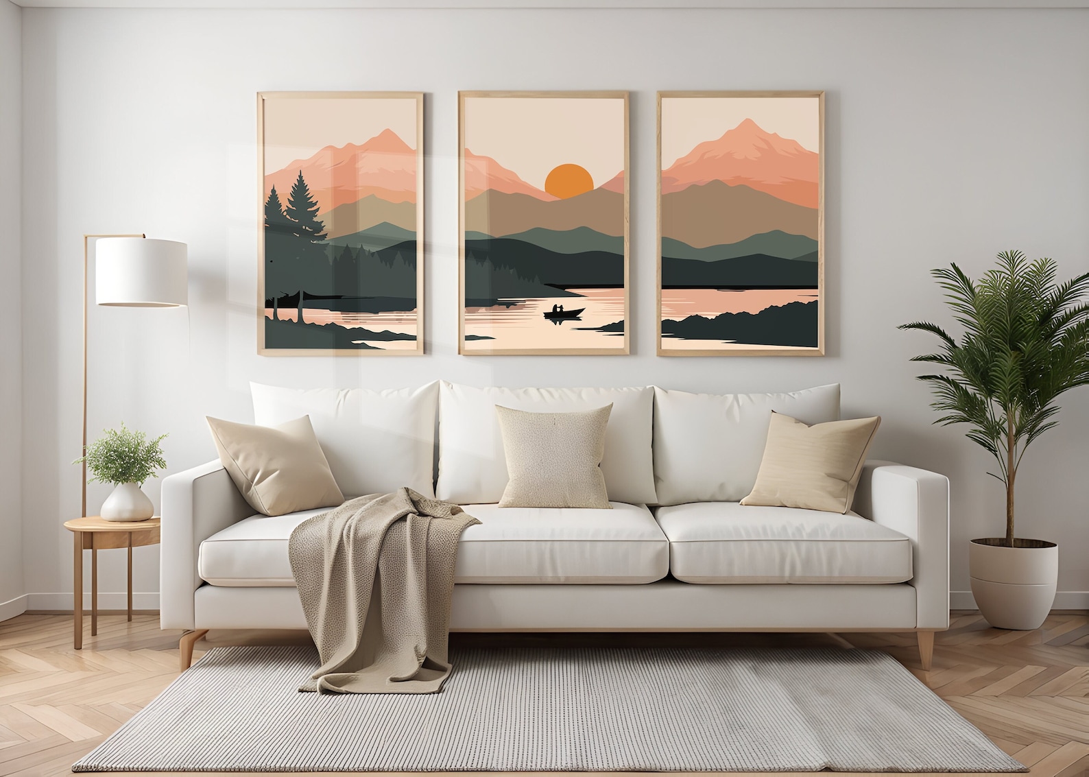 Boho Mountain Sunset Painting Set Gift Wall Art Decor Green Mountains ...