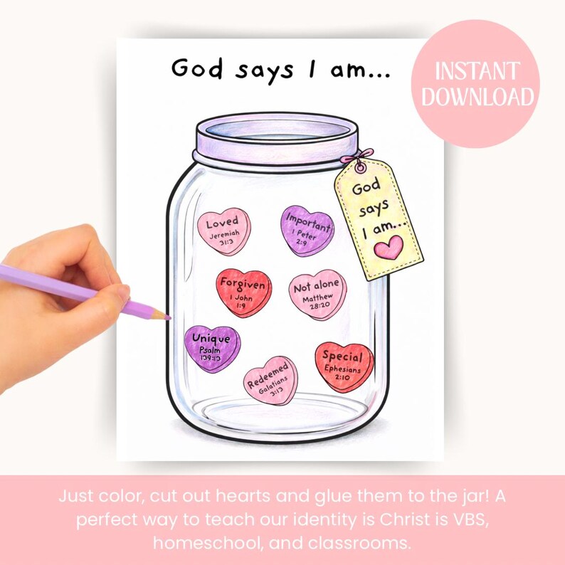 Valentine's Candy Jar Coloring Craft, God Says I Am, Bible Verse ...