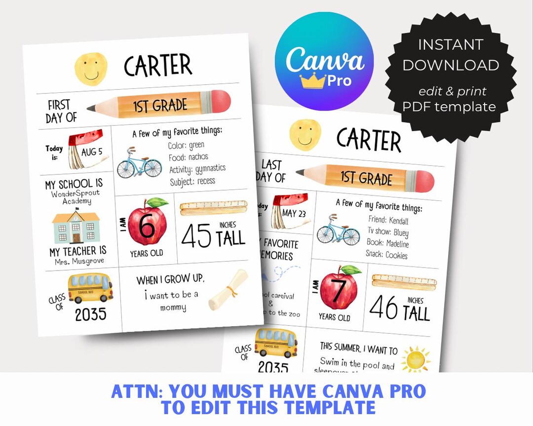 First and Last Day of School Signs With Child Details | PDF Template ...