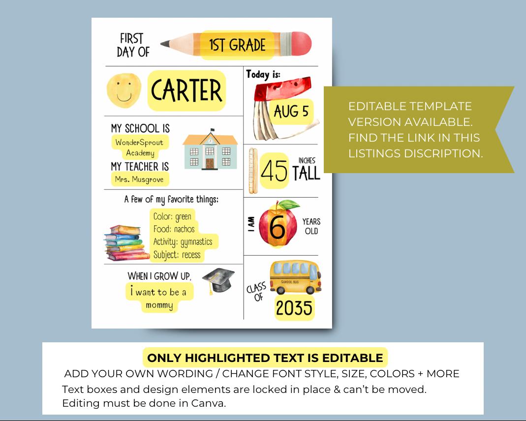 First and Last Day of School Signs With Child Details Printable Instant ...