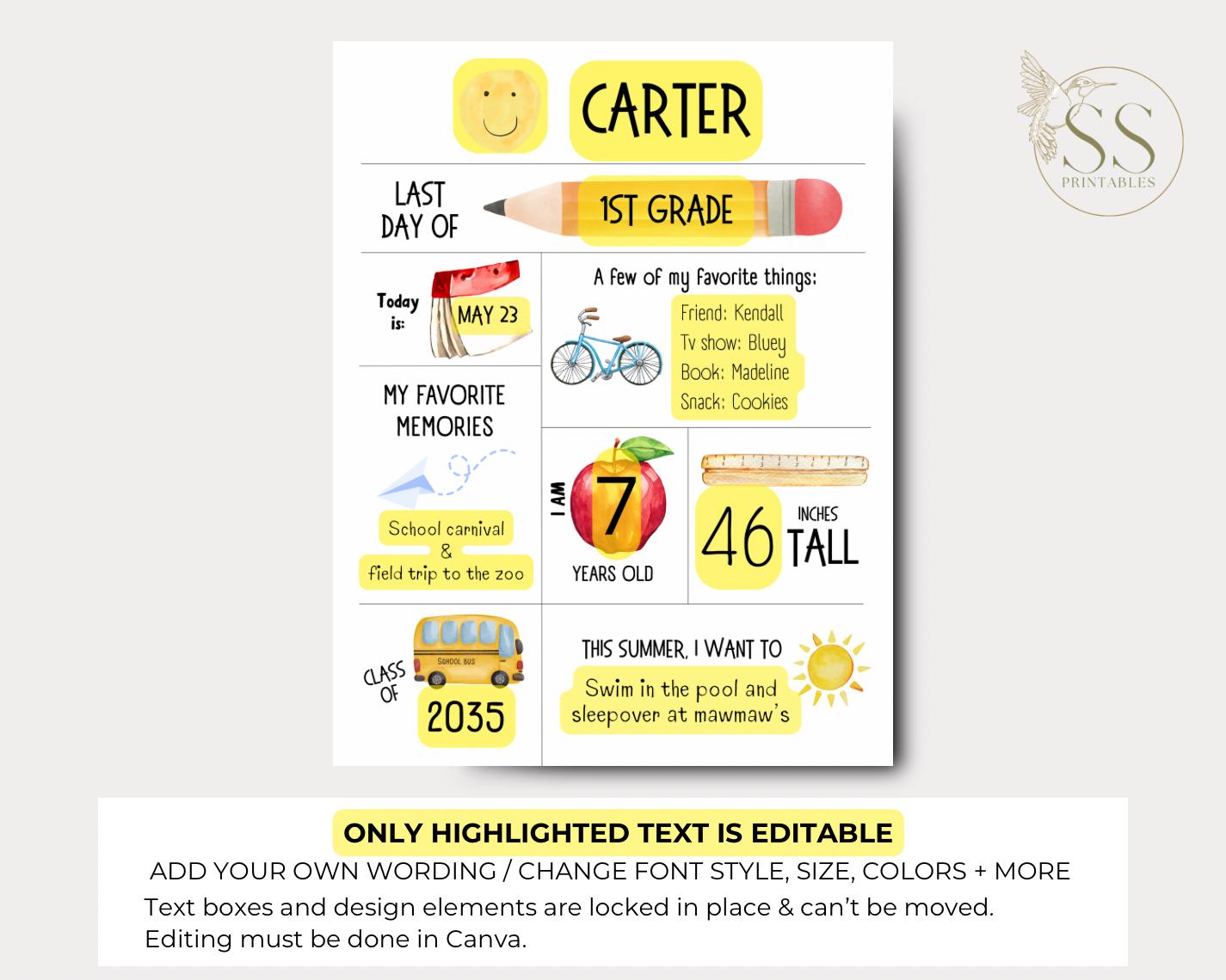 First and Last Day of School Signs With Child Details | PDF Template ...