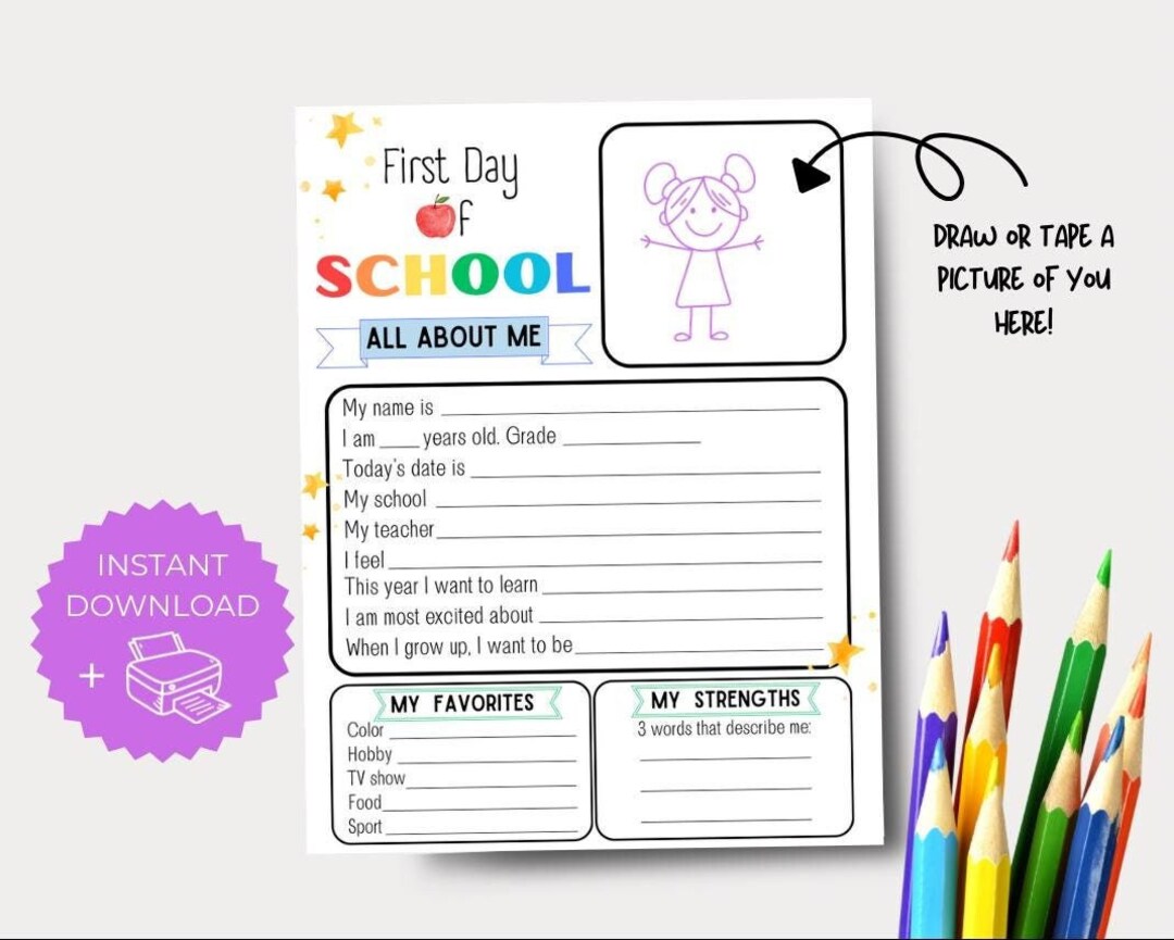 First Day of School Printable All About Me Back to School Questionnaire ...