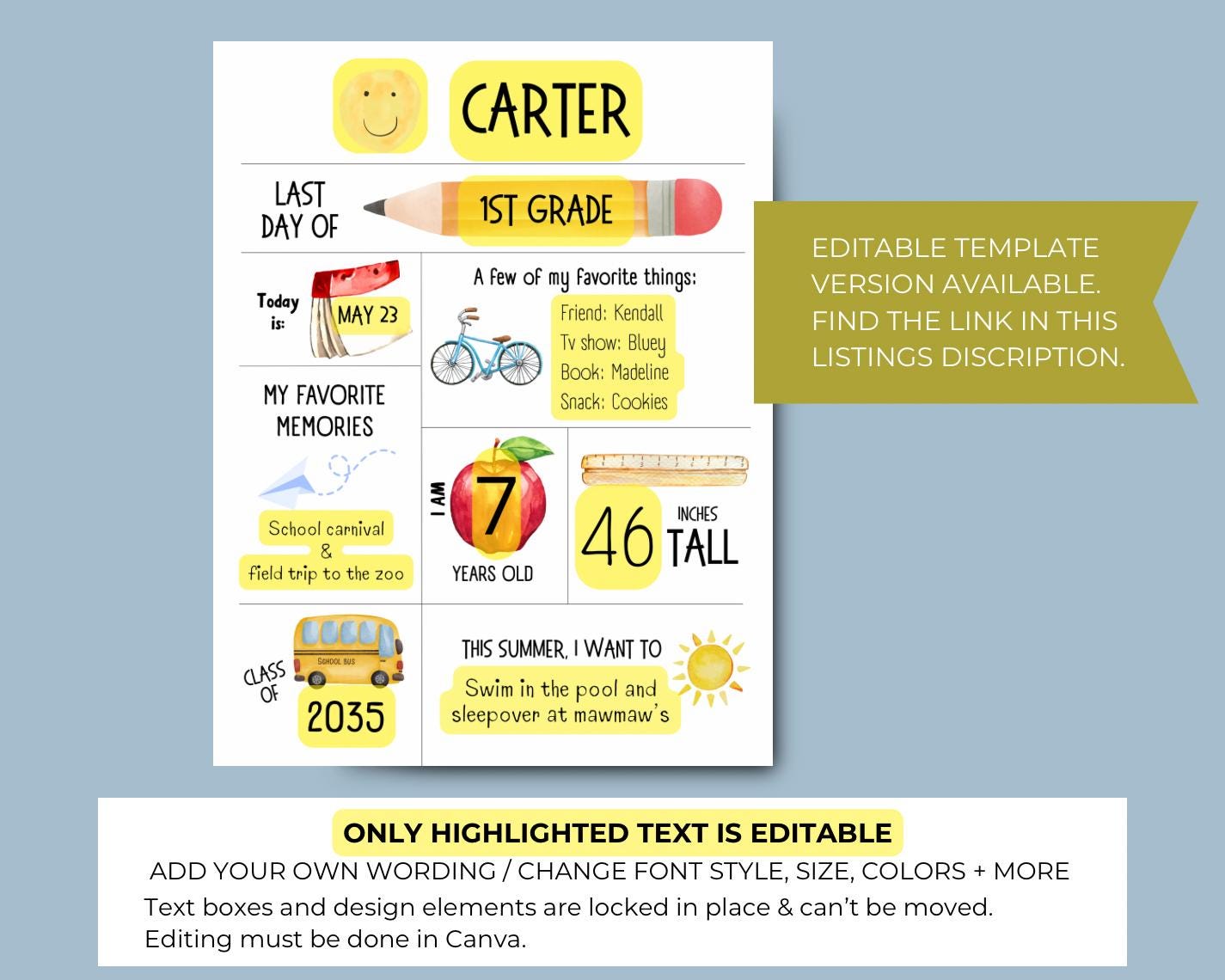 First and Last Day of School Signs With Child Details Printable Instant ...