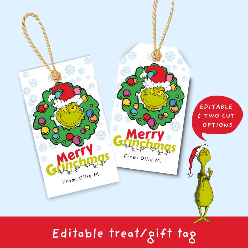 EDITABLE Grinch Treat Gift Tag, Christmas Candy Bag Topper, Merry ...