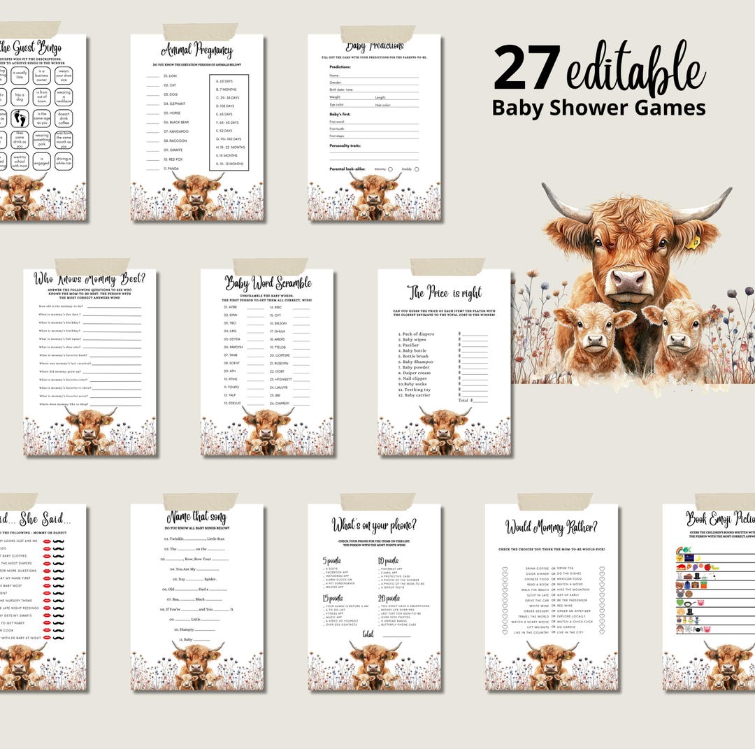 Twin Highland Cow Baby Shower Games Bundle, Flower Baby Shower Game ...
