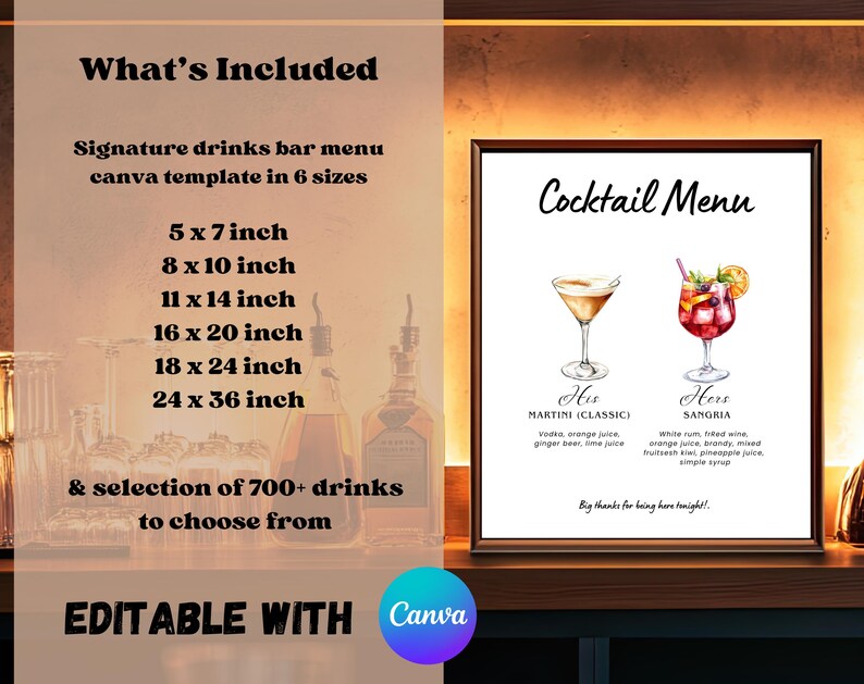 Wedding Reception Cocktail Menu Sign Template, Signature Drinks Canva ...