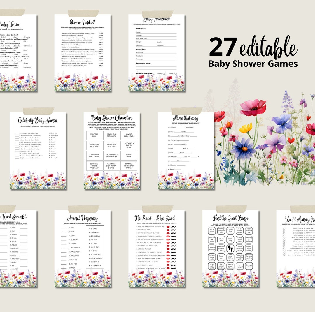 Wildflowers Baby Shower Games Bundle, Editable Printable Baby Shower ...