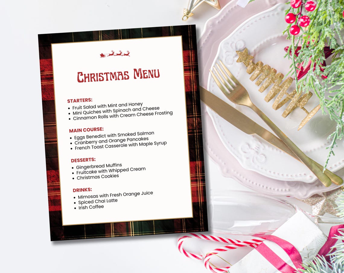 Christmas Menu Card Template, Buffalo Plaid Christmas Menu Printable ...