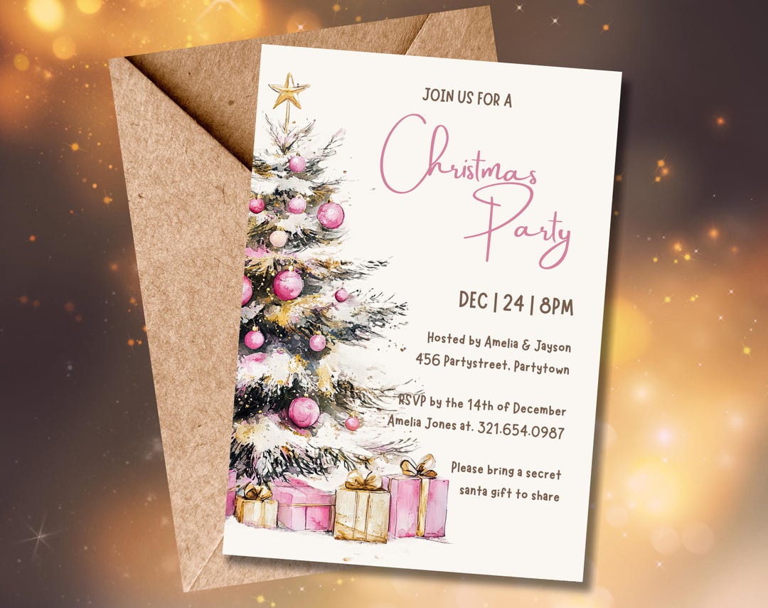 Pink Christmas Party Invitation, Christmas Dinner Invite, Editable ...