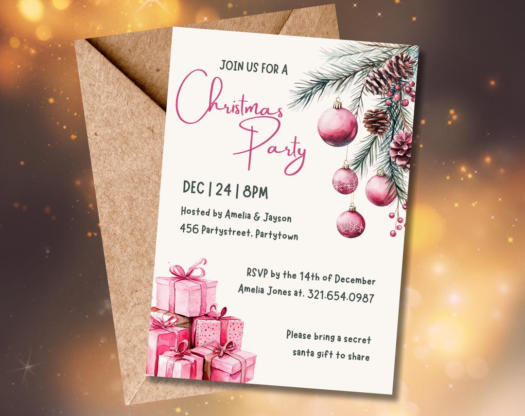 Editable Pink Christmas Party Invitation, Christmas Dinner Invite ...
