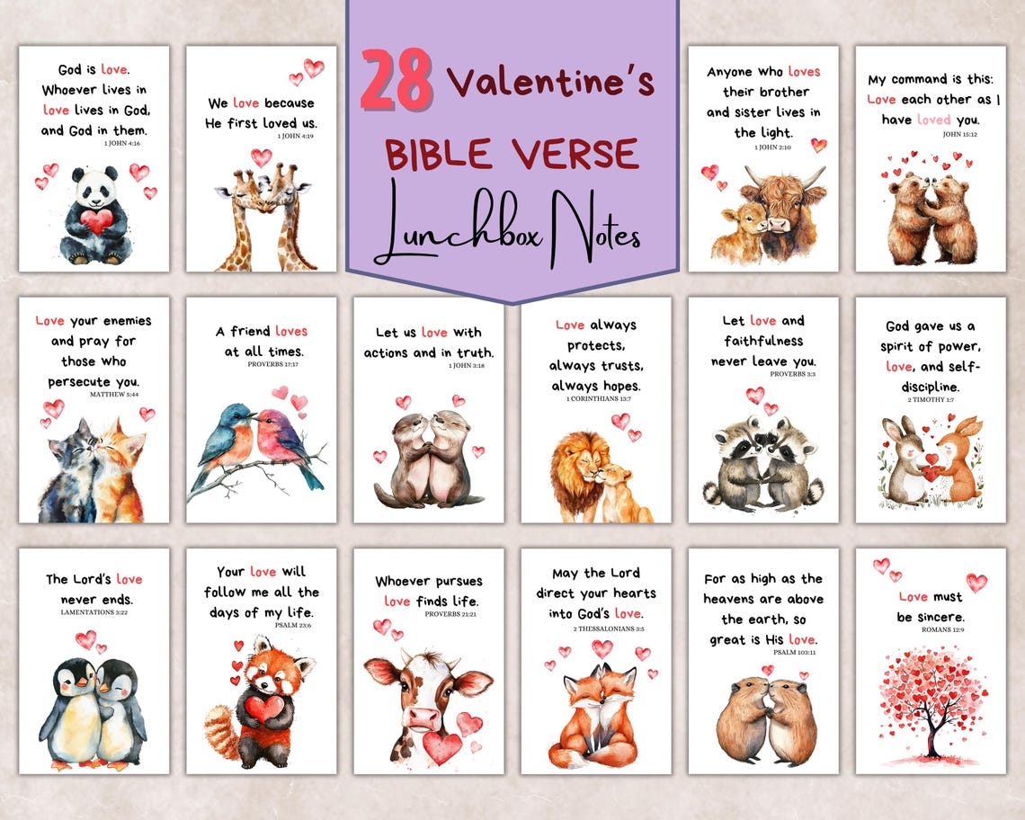 Lunch Box Notes, Christian Valentines Day for Kids, 28 Bible Verse ...
